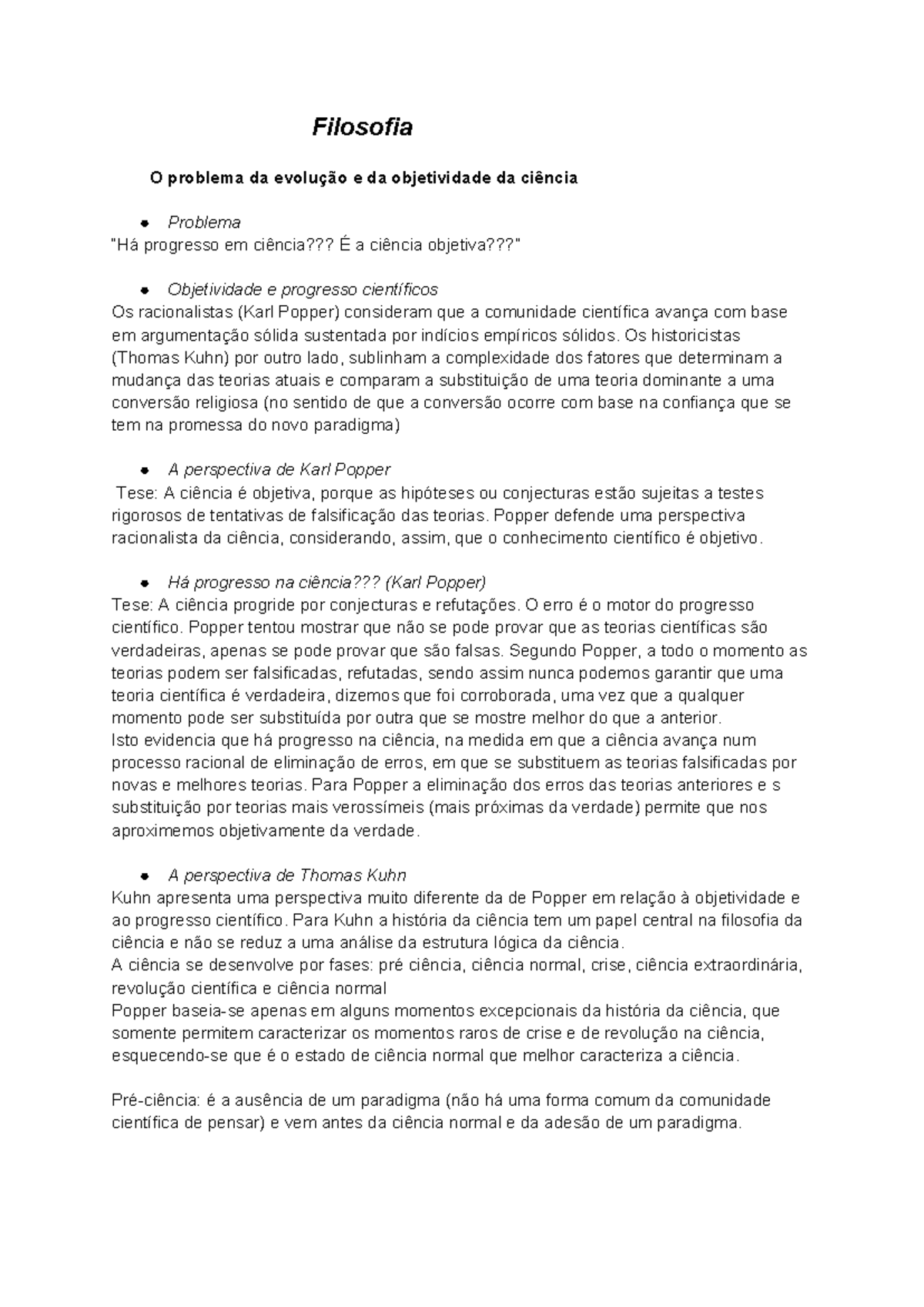 Resumo de Filosofia 11°ano: Progresso e Objetividade Científica - Studocu