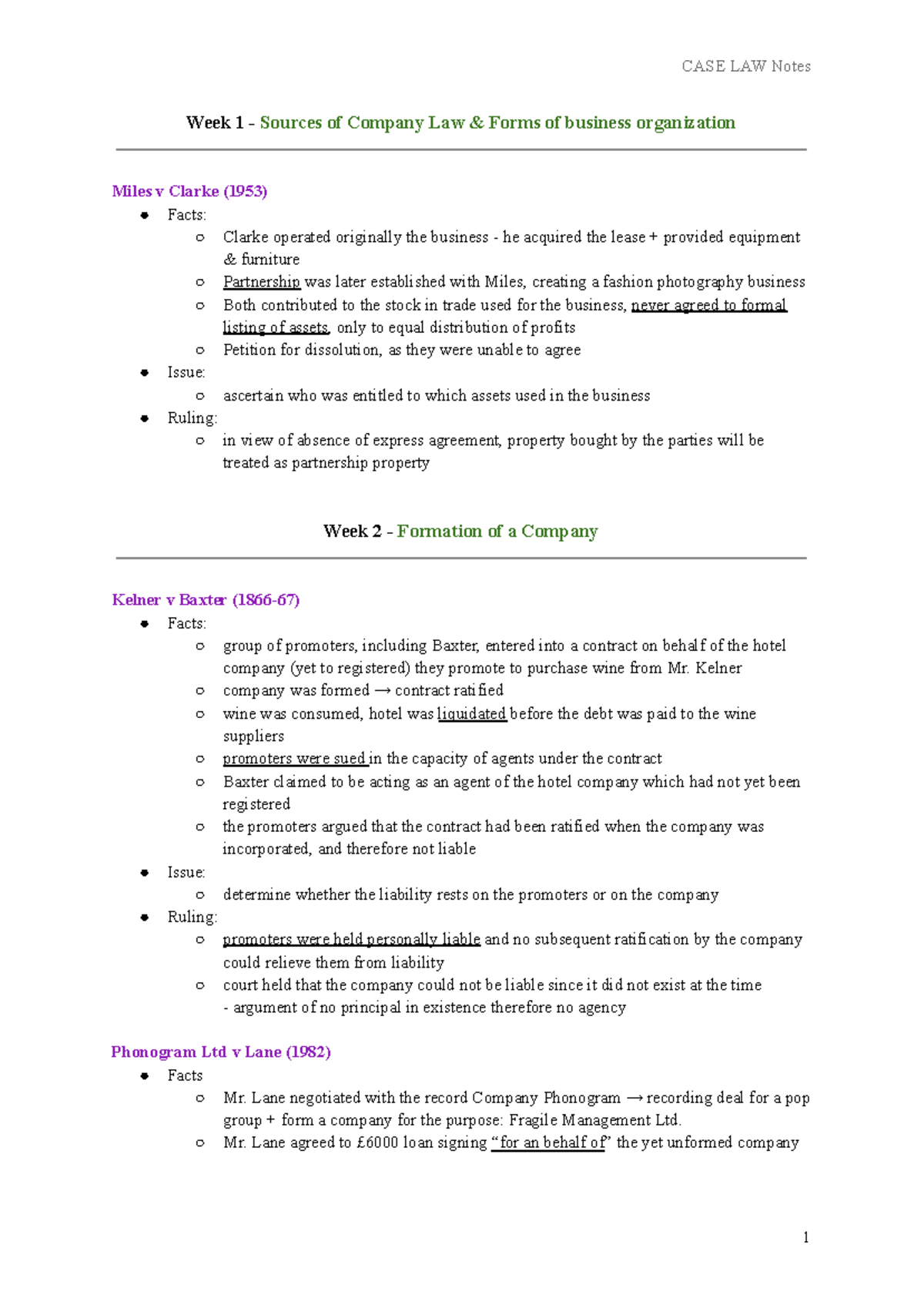 CASE LAW Notes Compilation - Weeks 1 to 14 on Company Law - Studocu