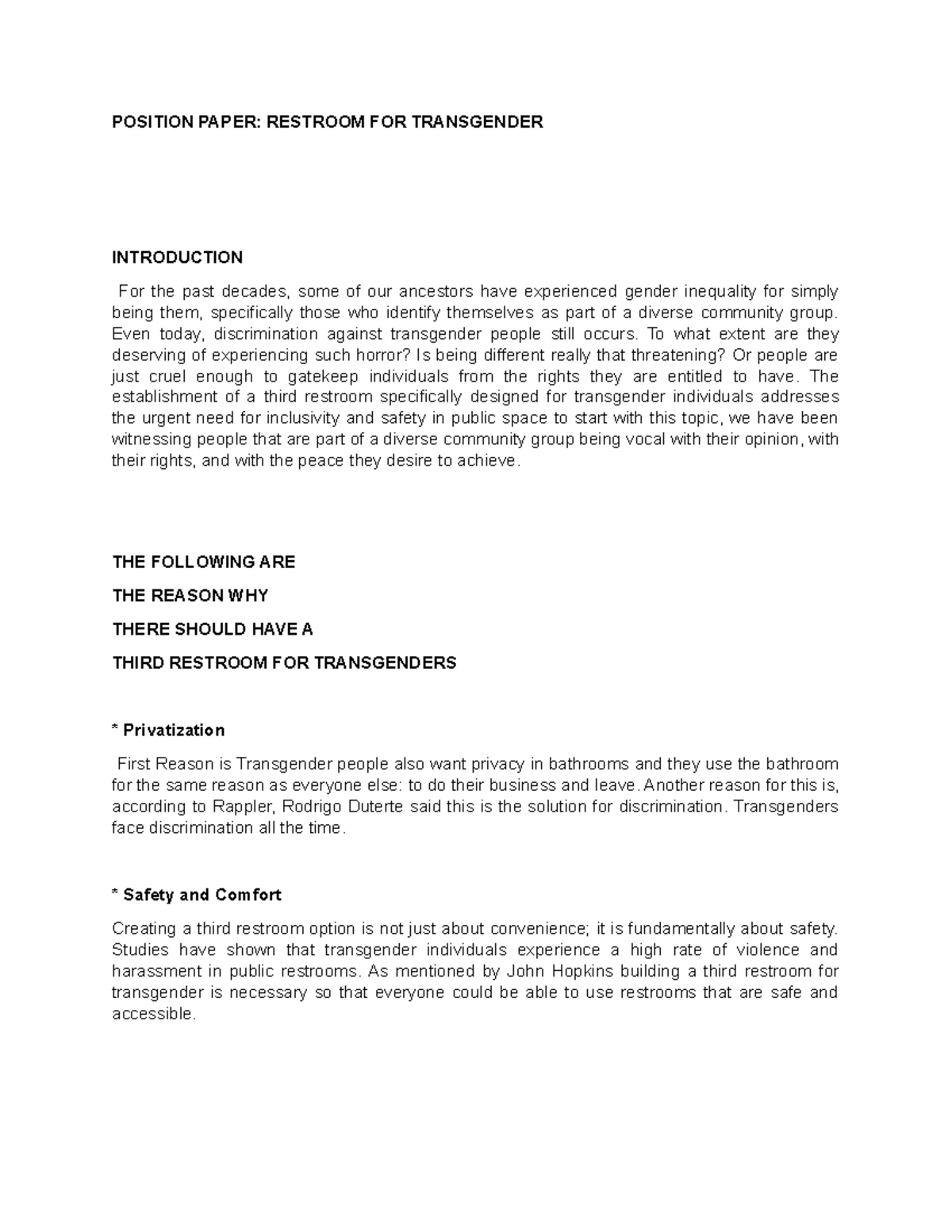 Position Paper - POSITION PAPER: RESTROOM FOR TRANSGENDER INTRODUCTION ...
