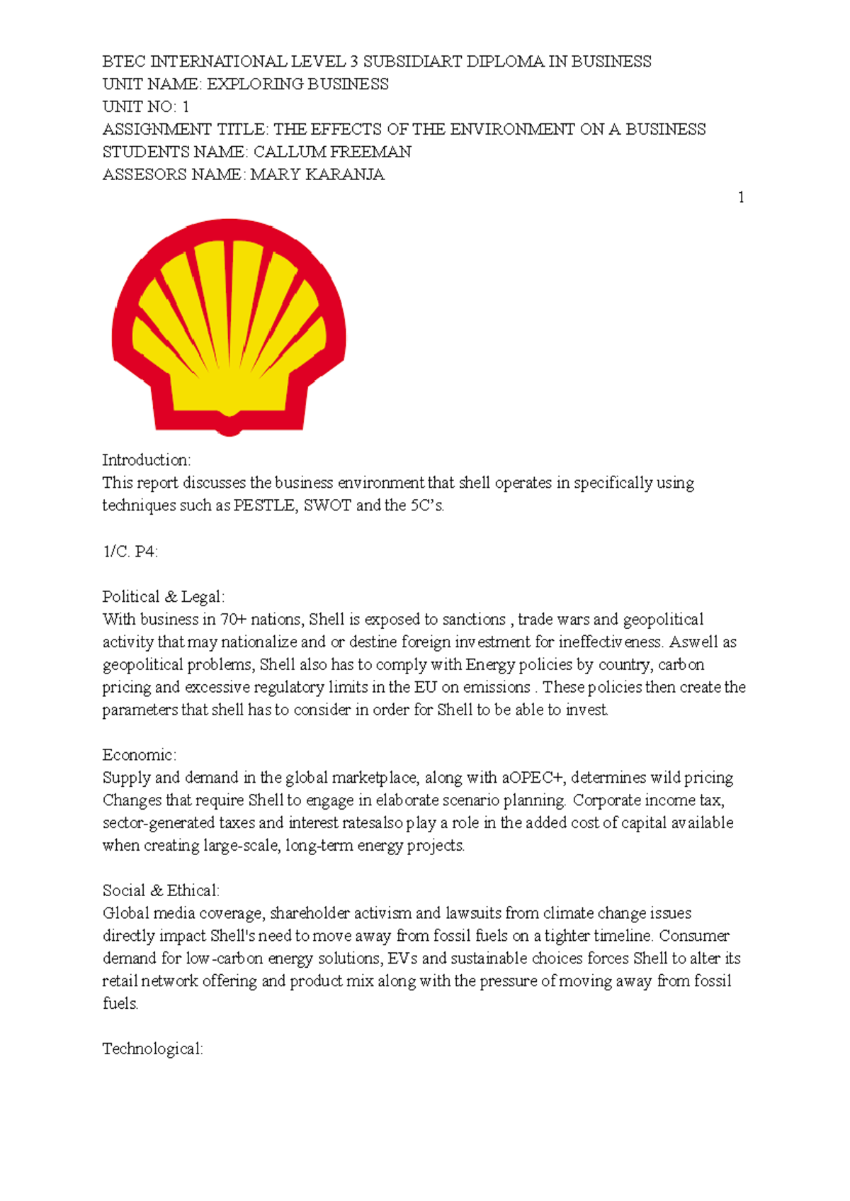 BTEC Level 3 Business Unit 1: Environmental Impact on Shell Analysis ...