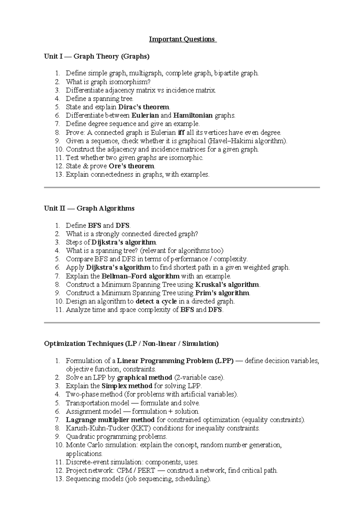 Important Questions - Graph Theory & Algorithms (GT) - Studocu