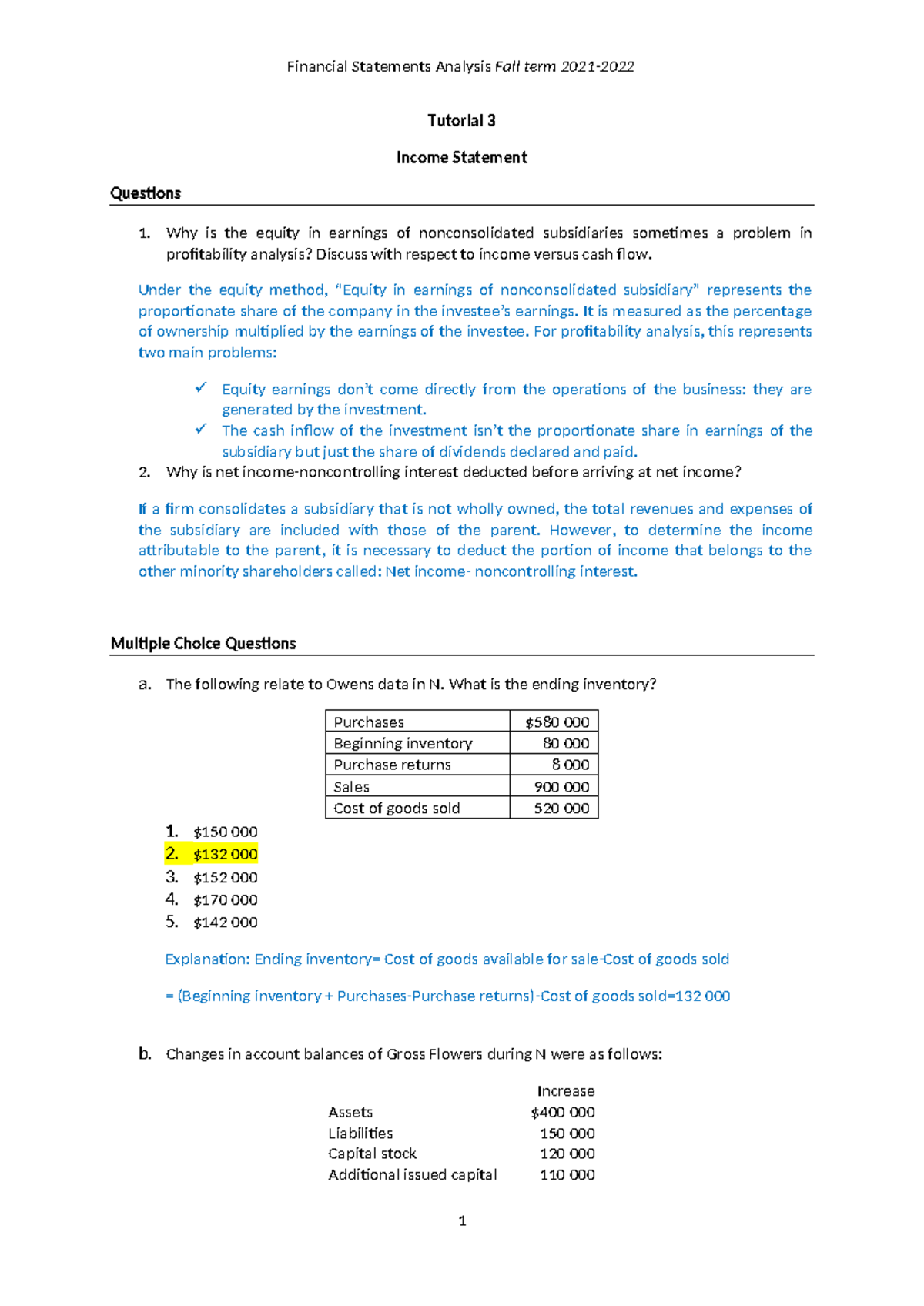 FSA-Tutorial 3-with solutions - Tutorial 3 Income Statement Questions 1 ...