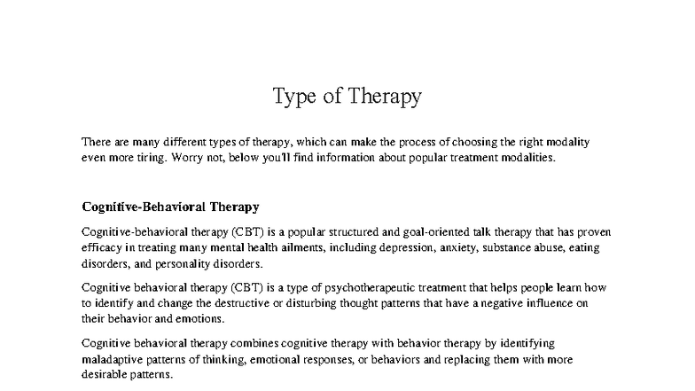 Introduction to Psychology: Types of Therapy Explained - Studocu
