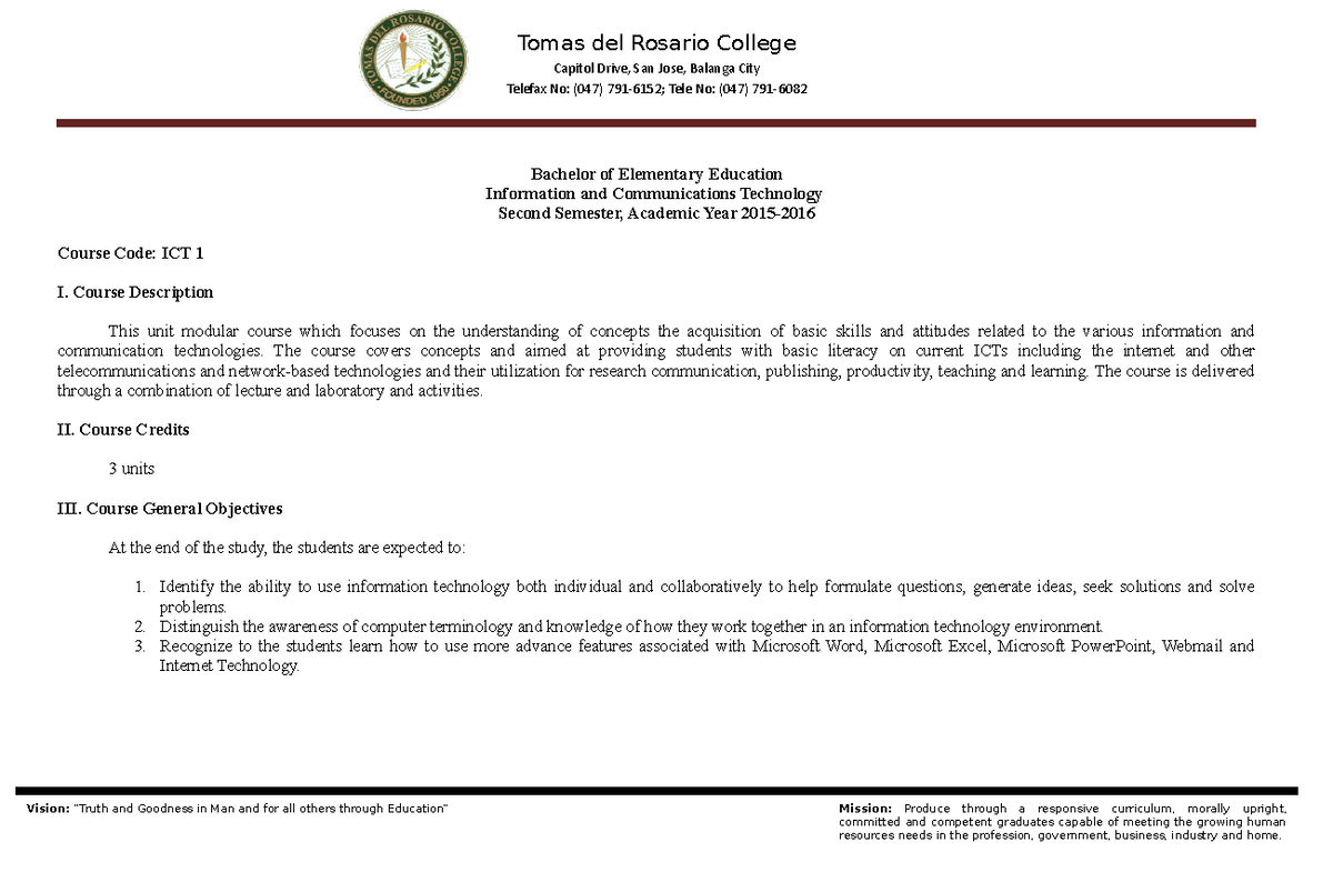 Syllabus for ICT1: Information and Communications Technology Course ...