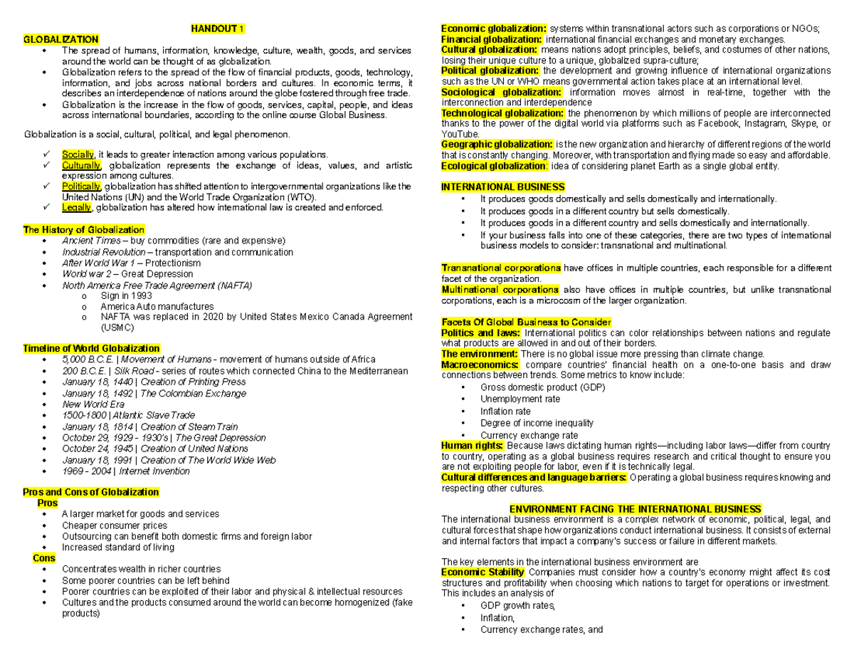 Reviewer IBT - Internation Trade and Business - HANDOUT 1 GLOBALIZATION ...