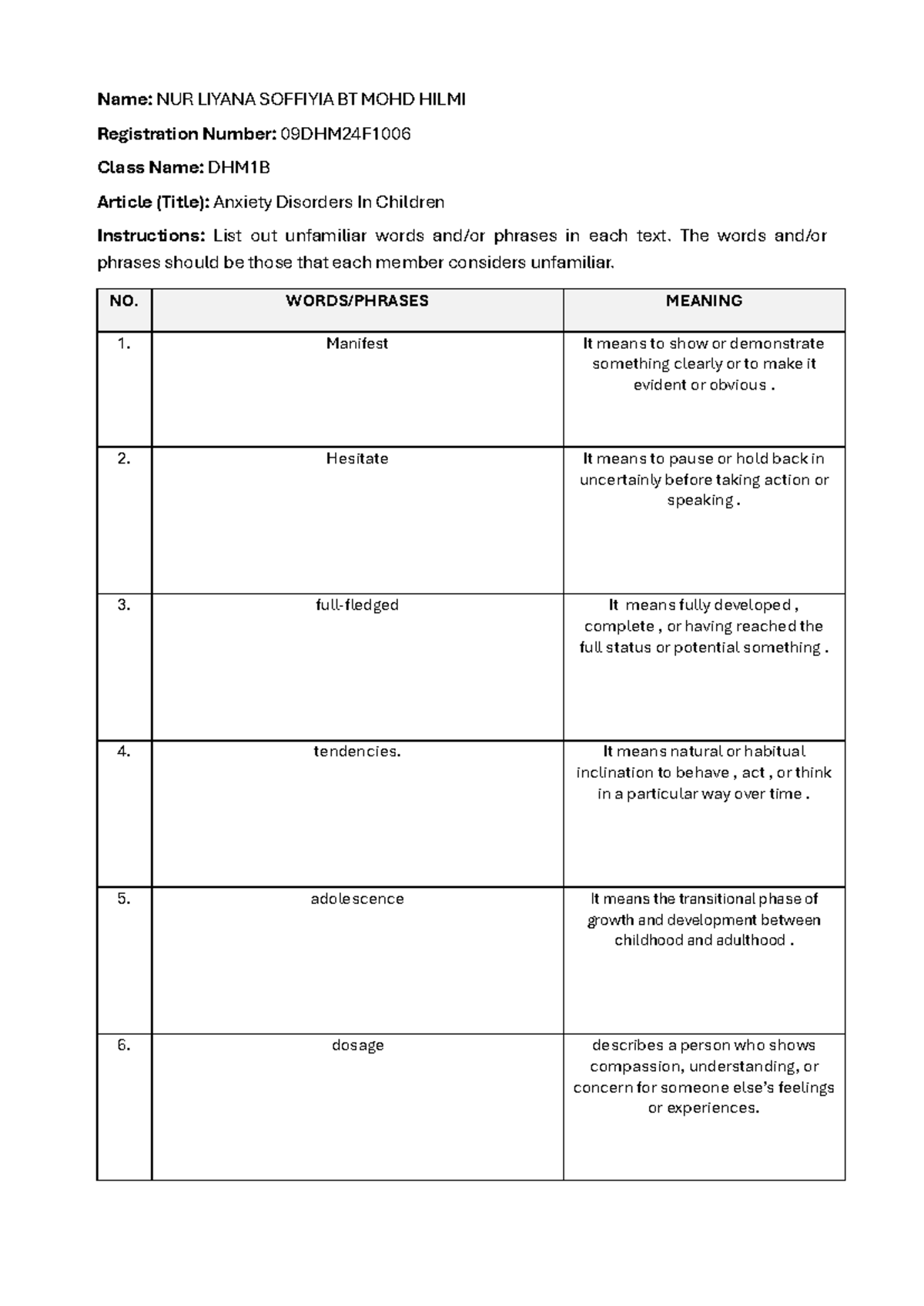Unfamiliar Words & Phrases Task for DHM1B: Anxiety Disorders in Kids ...