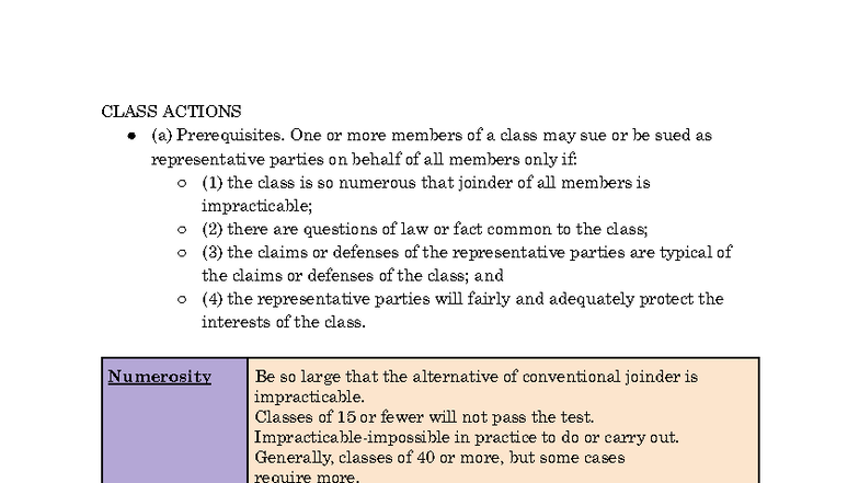 Civ Pro Outline: Class Action Requirements & Certification Criteria ...