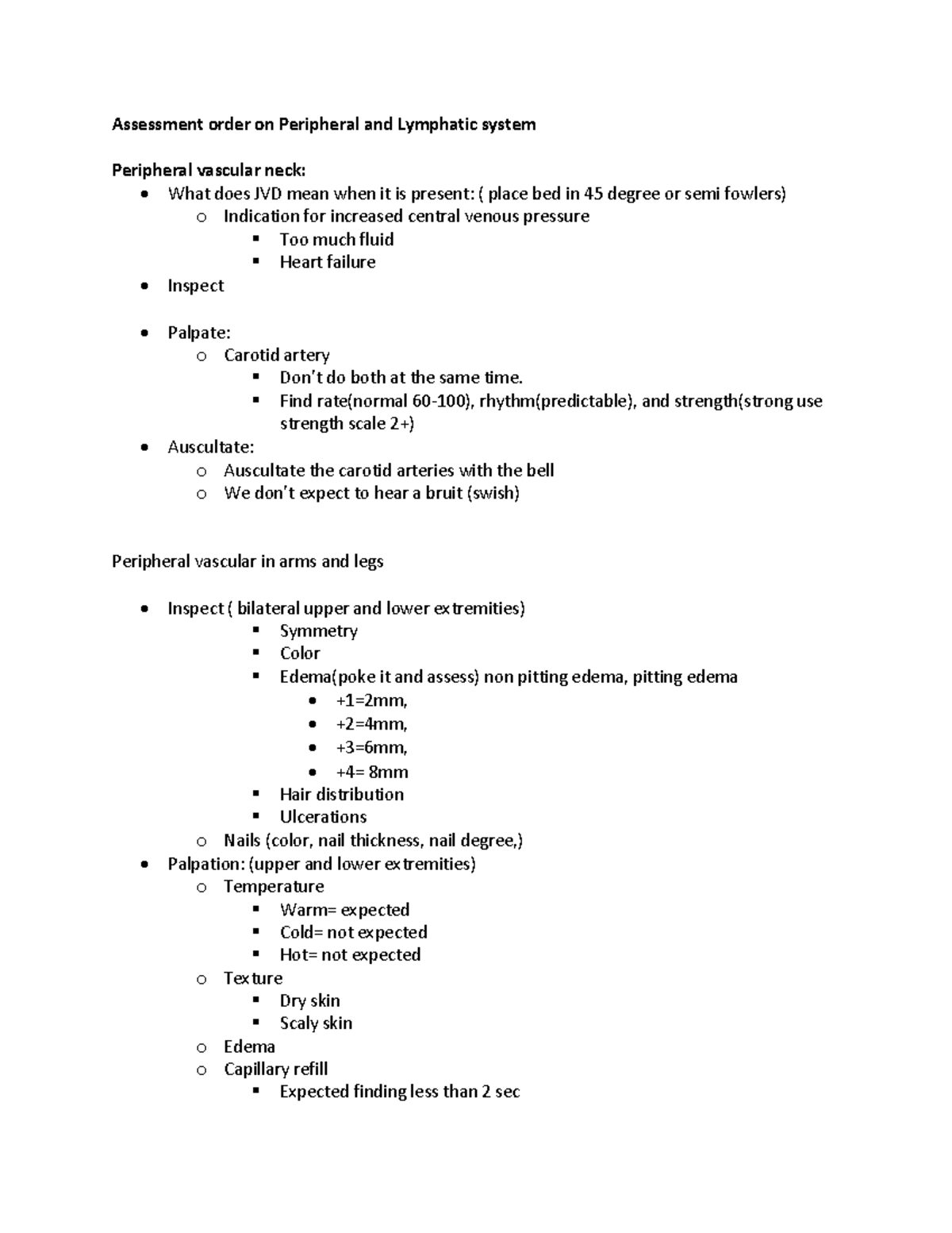 Peripheral Vascular & Lymphatic System Assessment Order Guide - Studocu