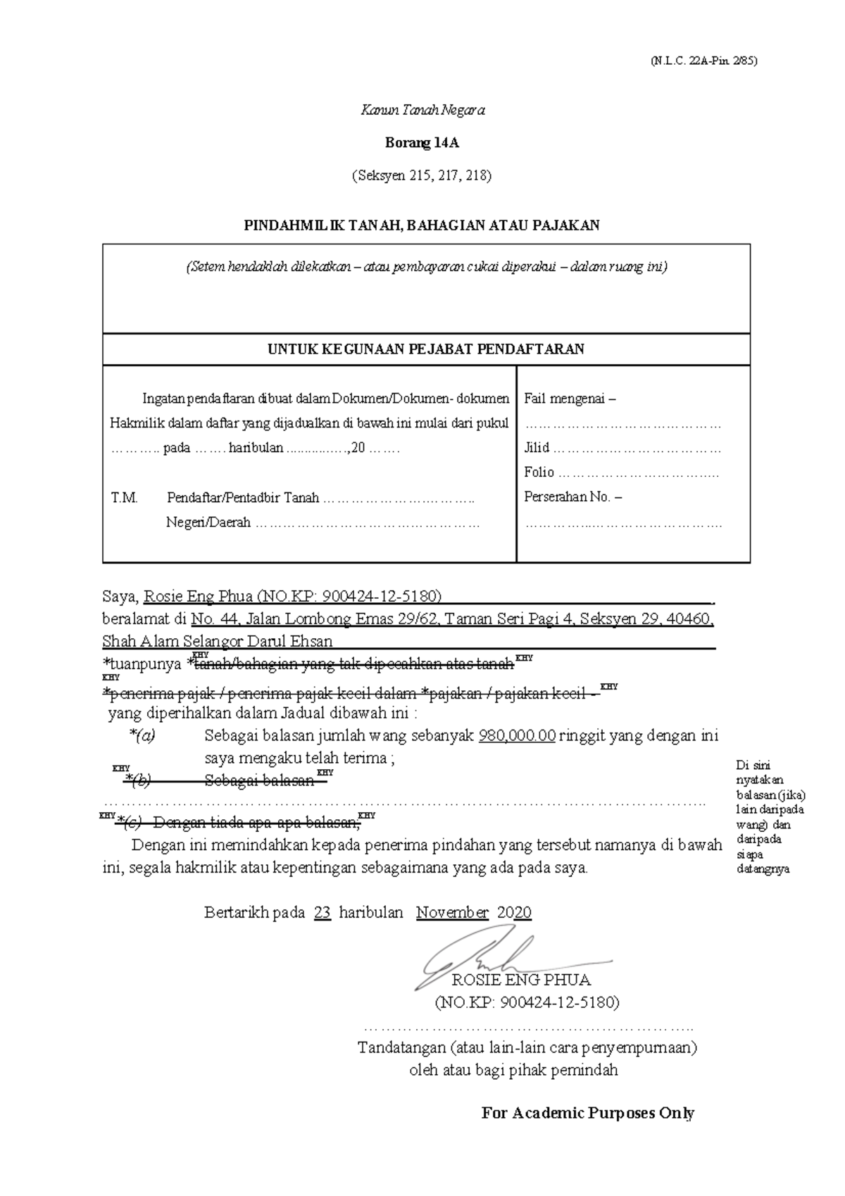 Sample Guide for Completing FORM 14A under NCL Malaysia Regulations ...