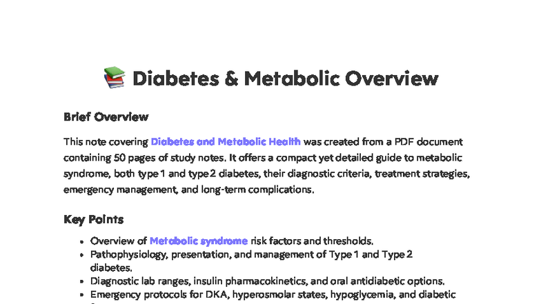 Endo 101: Diabetes & Metabolic Health Lecture Notes - Studocu