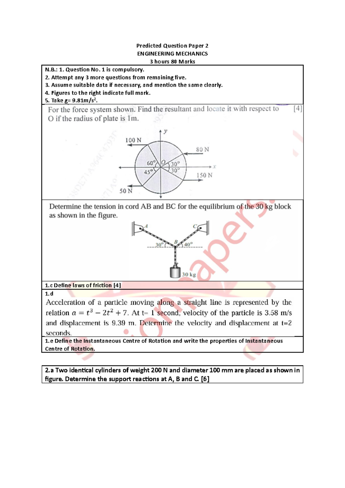 Predicted Question Paper 2 - ENGINEERING MECHANICS (3 hrs, 80 Marks ...