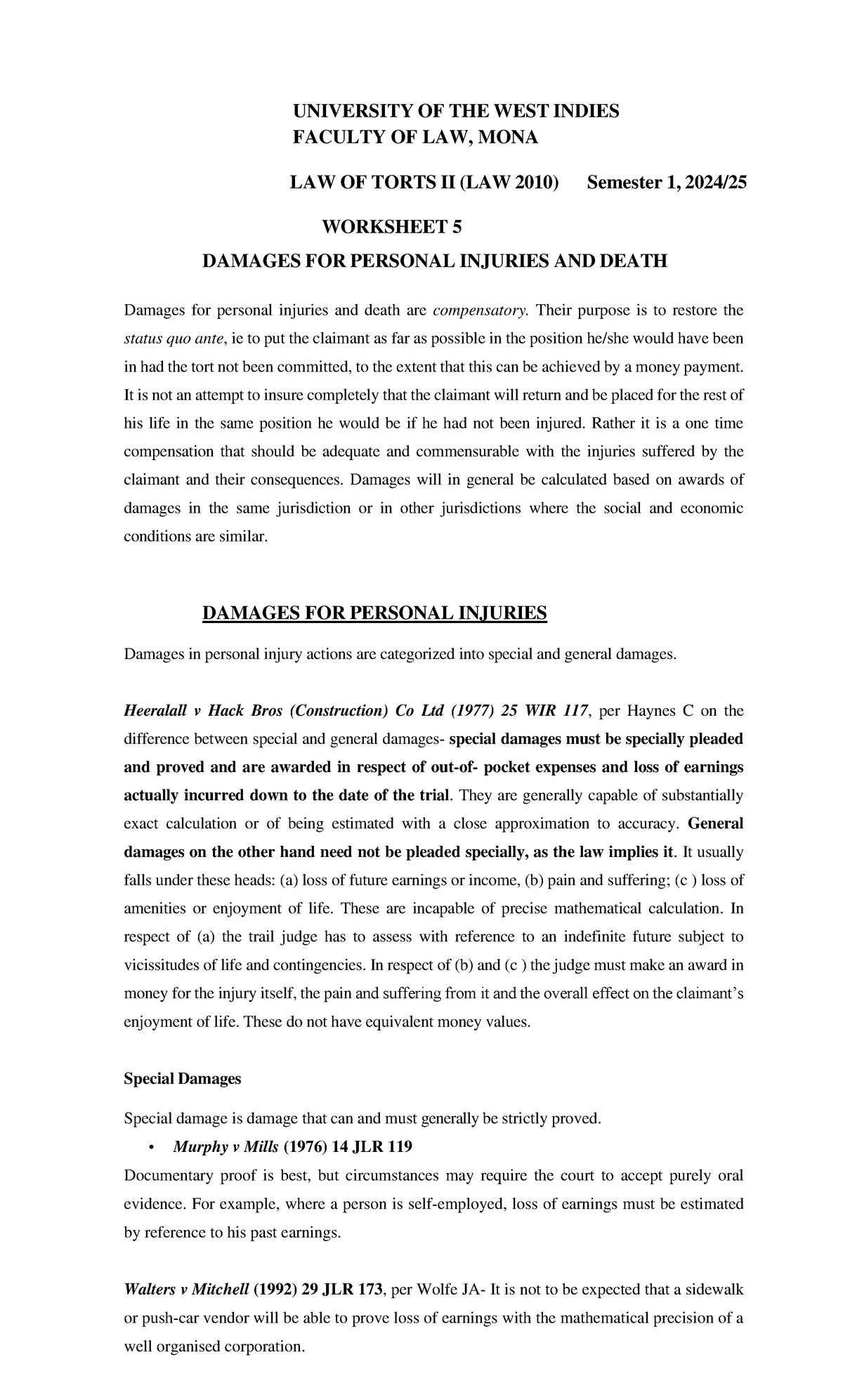 Law of Torts II (LAW 2010) - Worksheet 5: Compensatory Damages ...