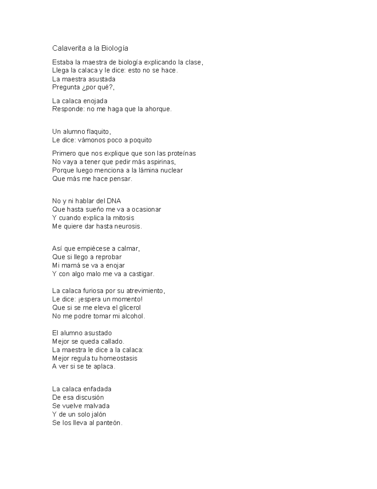 Calaverita de Biología: Un Poema Humorístico sobre Clases - Studocu