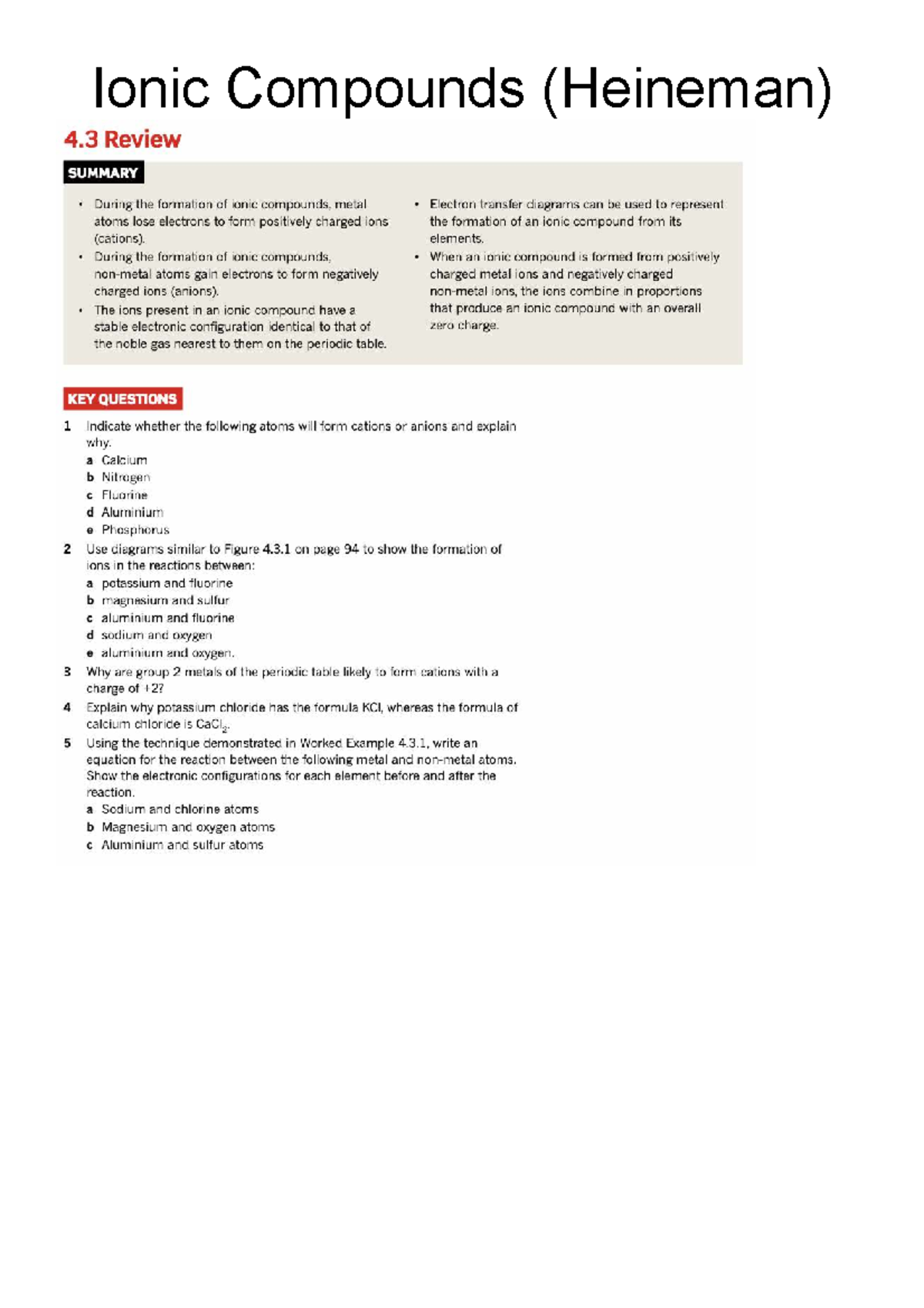 Ionic Compounds (Heineman) 4.3 & 4.4 Review Summary and Key Questions ...