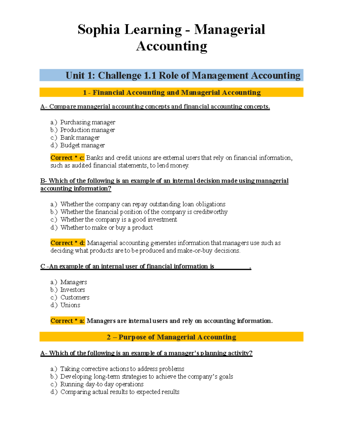 Managerial Accounting (ACCT 101) - Unit 1 Study Notes and Challenges ...