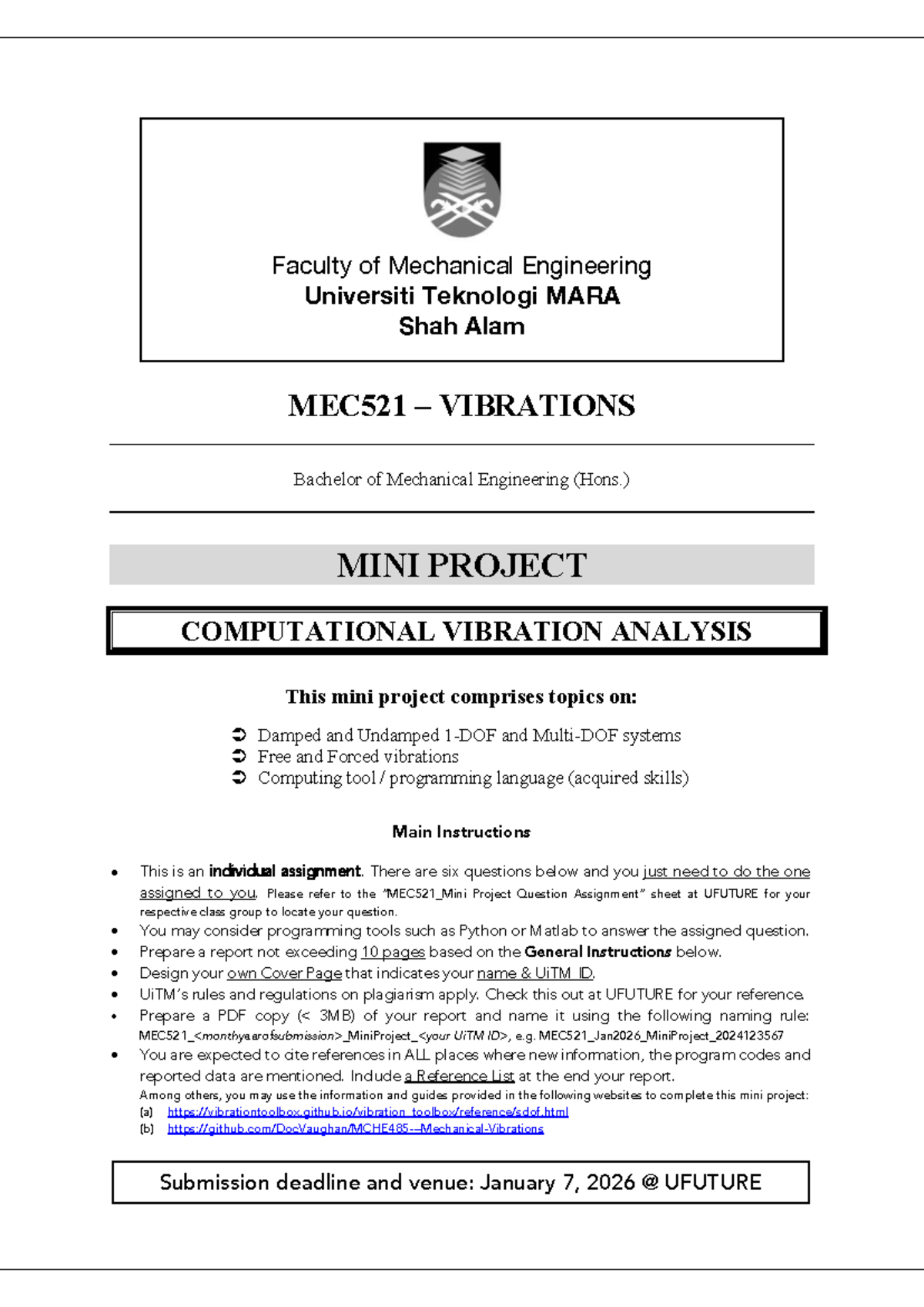 MEC521 Mini Project: Computational Vibration Analysis (Oct25-Feb26 ...