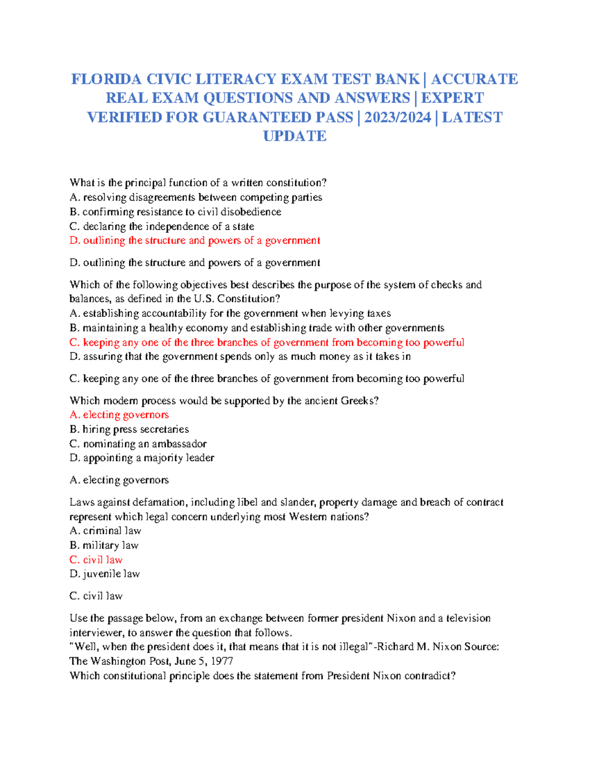Florida Civic Literacy Exam Test Bank | Updated Questions & Answers ...