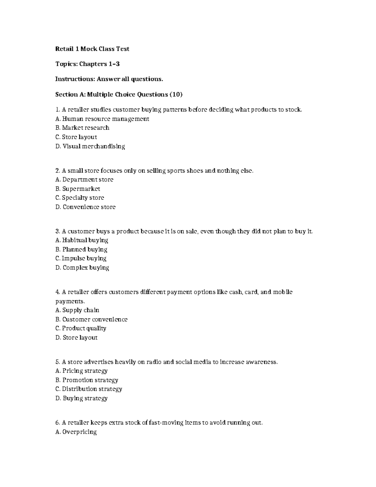 Retail 1 Mock Class Test: Key Topics for Exam Preparation - Studocu