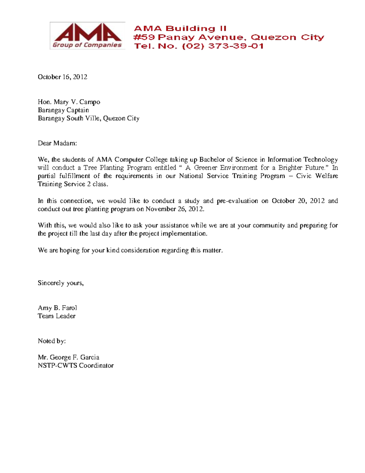 NSTP-CWTS 2 - Sample Letter for Tree Planting Program Proposal - Studocu