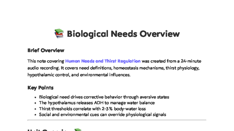 Thirst Regulation & Biological Needs: Unit 2 Overview - Studocu