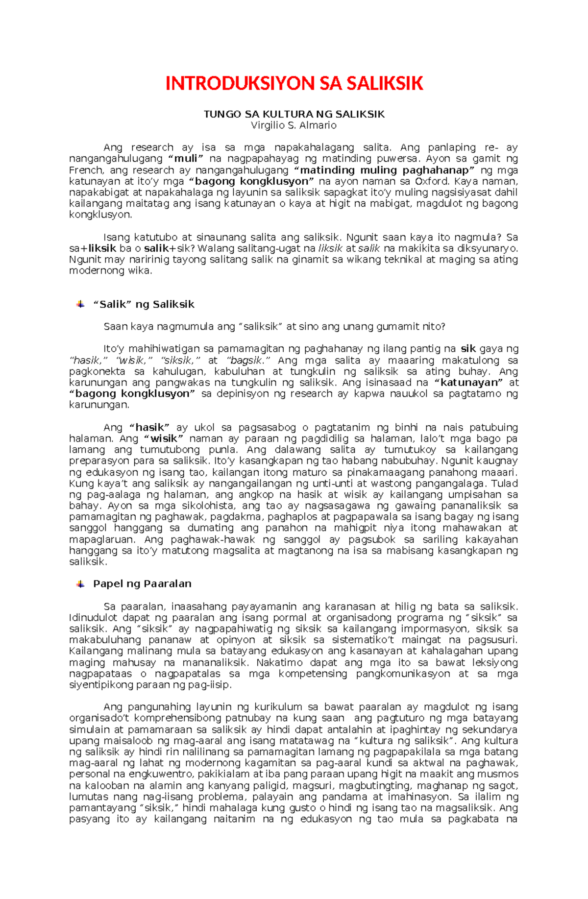 Introduksiyon sa Saliksik: Kultura at Kakayahan sa Pananaliksik - Studocu