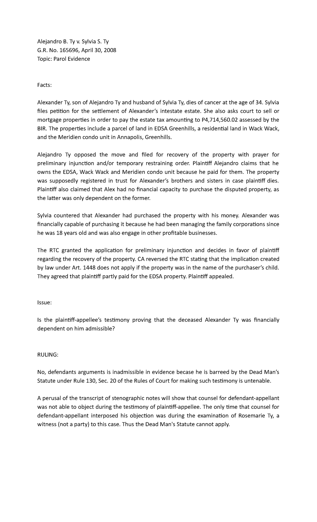Ty v. Ty - Case Digest on Parol Evidence (G.R. No. 165696) - Studocu