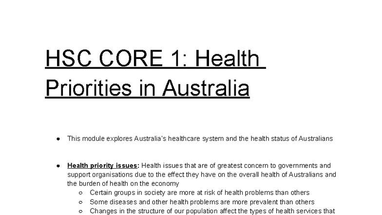 HSC CORE 1: Understanding Health Priorities in Australia - Studocu