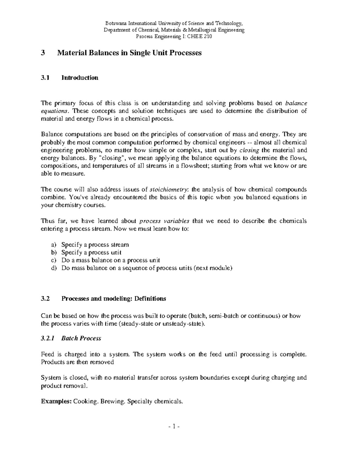 Material Balances in Single Unit Processes: CHEE 210 Lecture Notes ...