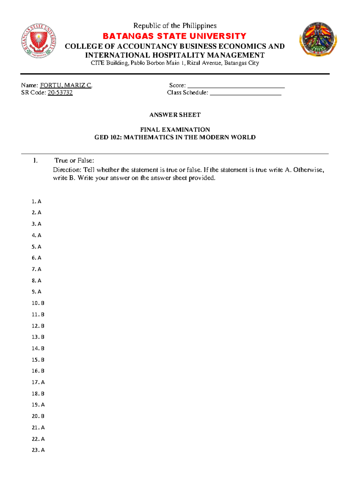 Final Exam Answer Sheet for GED 102: Mathematics in the Modern World ...