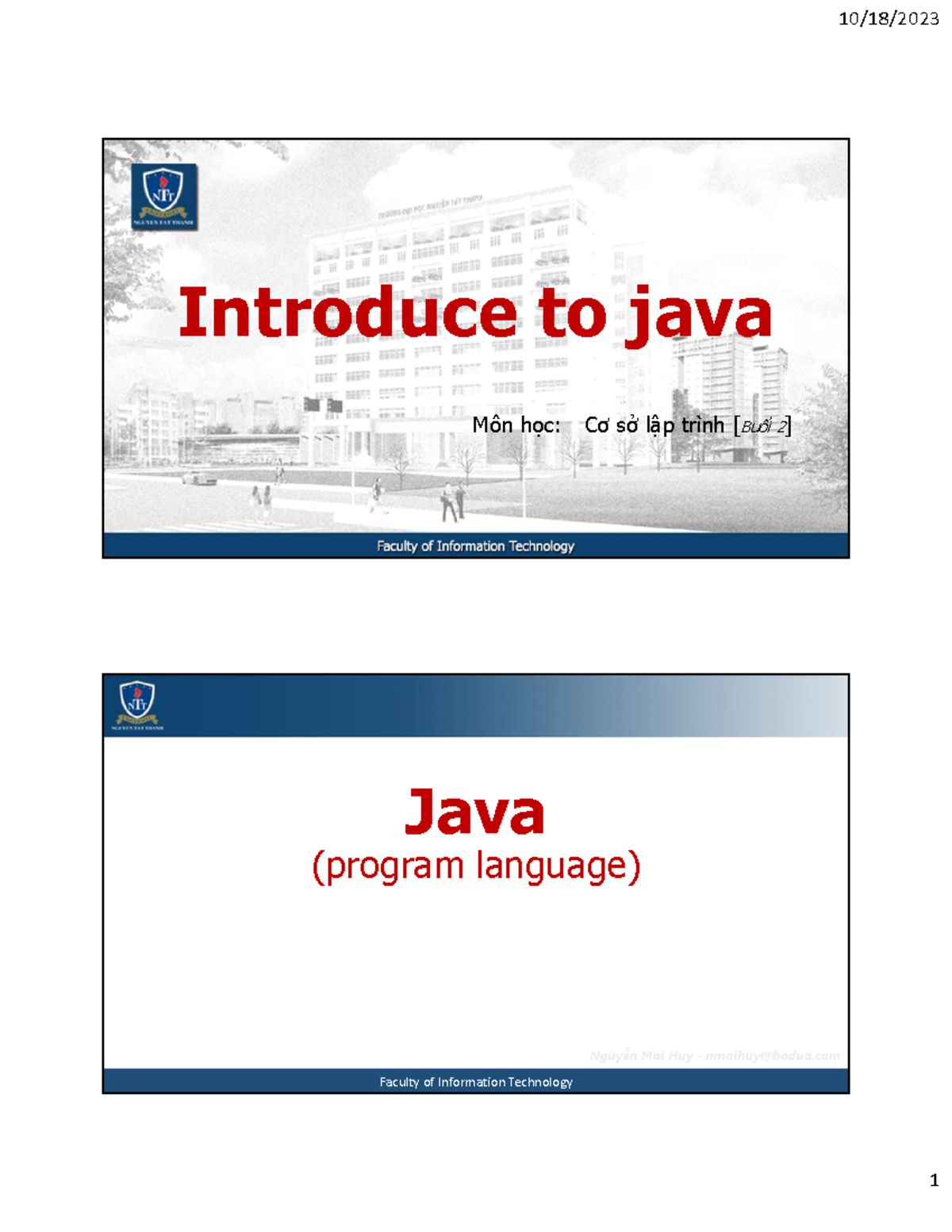 2 Gioi thieu Java - CSDL - Introduce to java Môn học: Cơ sở lập trình [ Buổi 2] Faculty of - Studocu