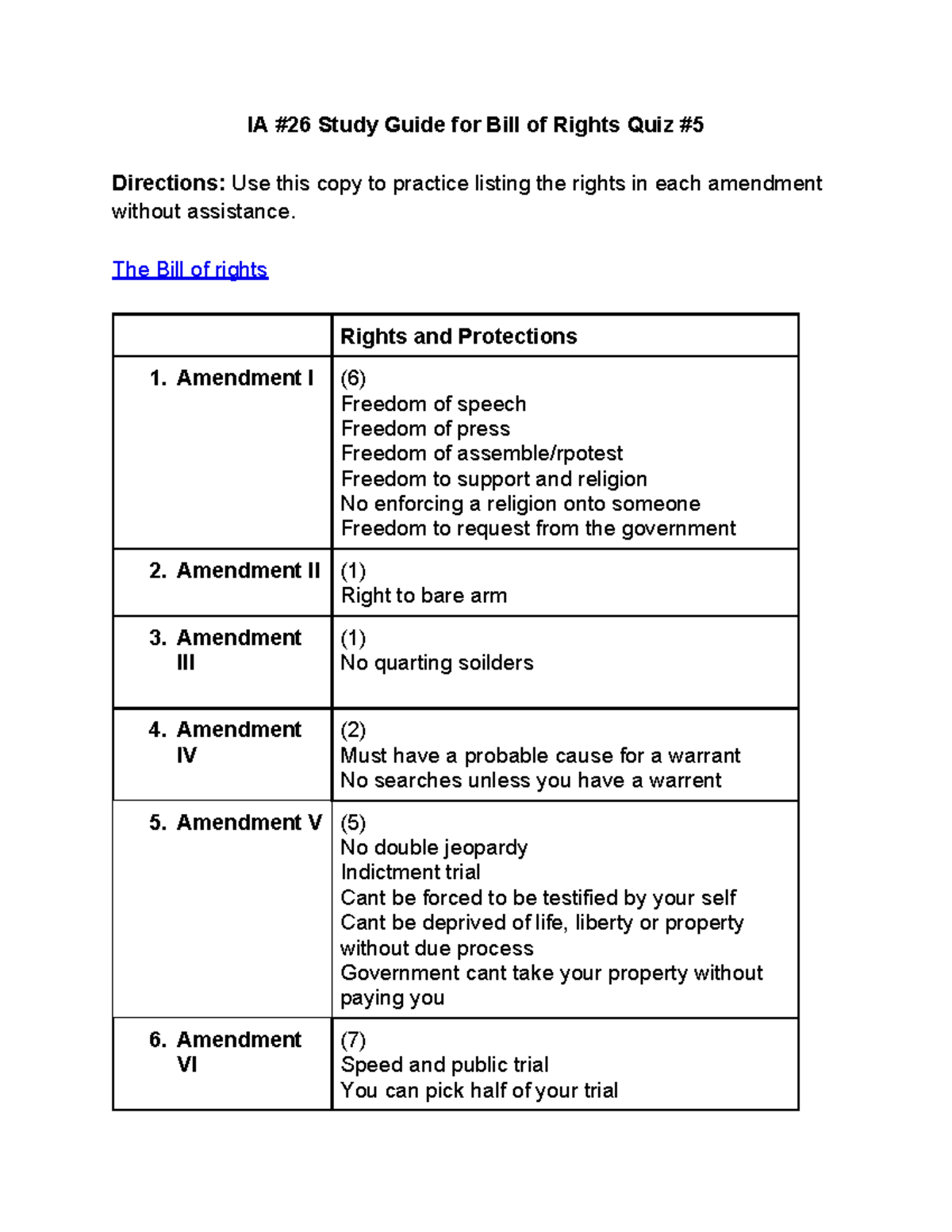 IA #26 Study Guide: Bill of Rights Quiz #5 Practice - Studocu