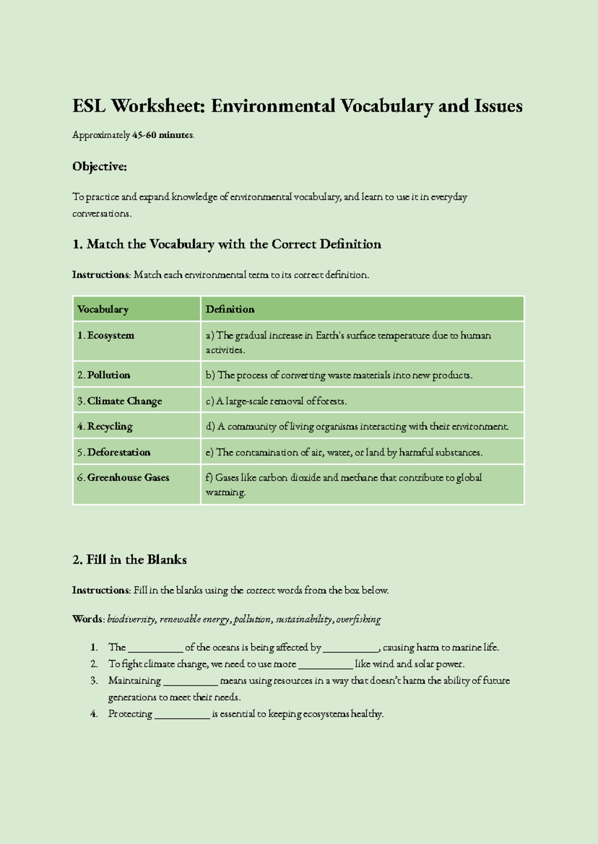 ESL Worksheet Environmental Vocabulary and Issues - ESL Worksheet ...
