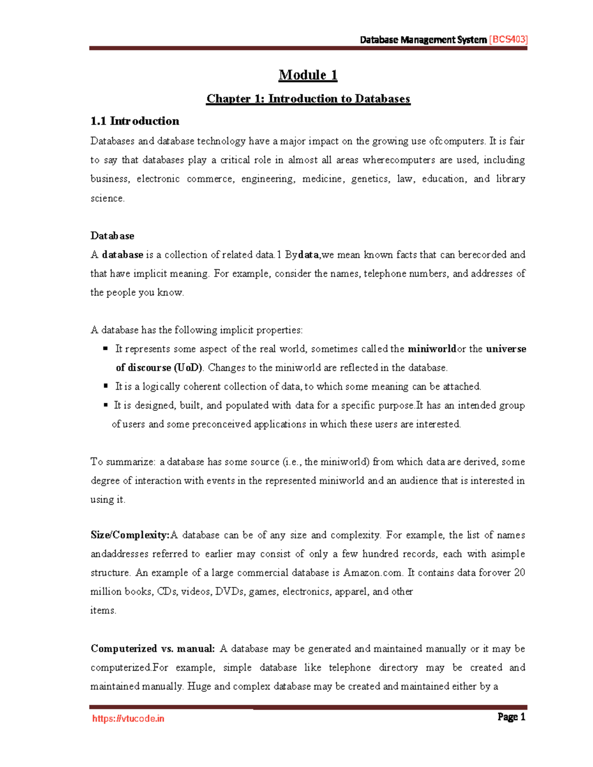 BCS403 Final Exam Notes - Module 1: Introduction to DBMS Concepts - Studocu