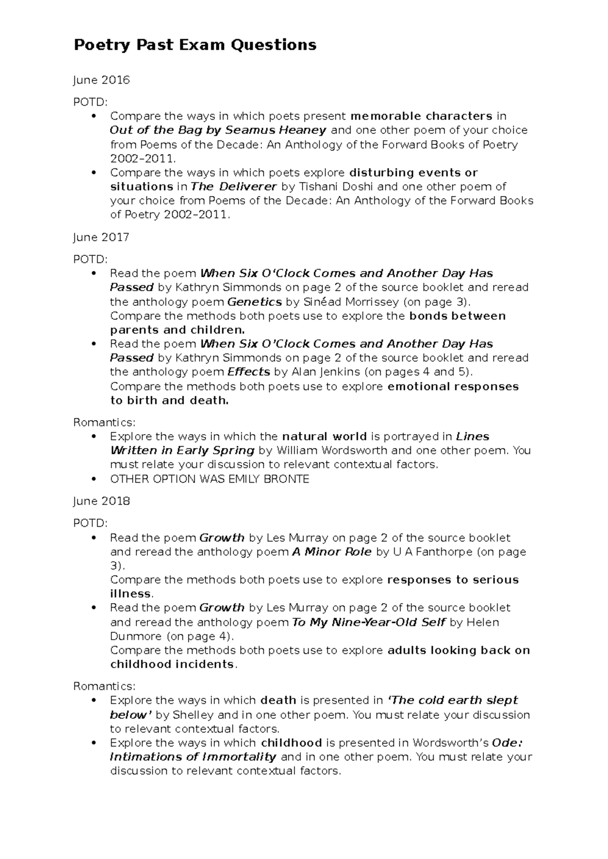 Romantic Poetry Past Exam Questions: POTD Analysis and Comparisons ...