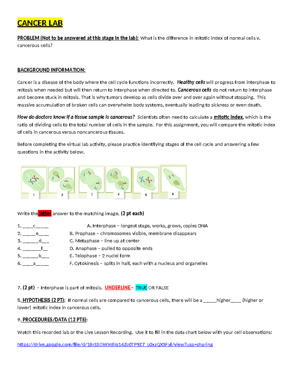 3.01 Cell Division Lab: Comparing Mitotic Indices of Normal vs ...