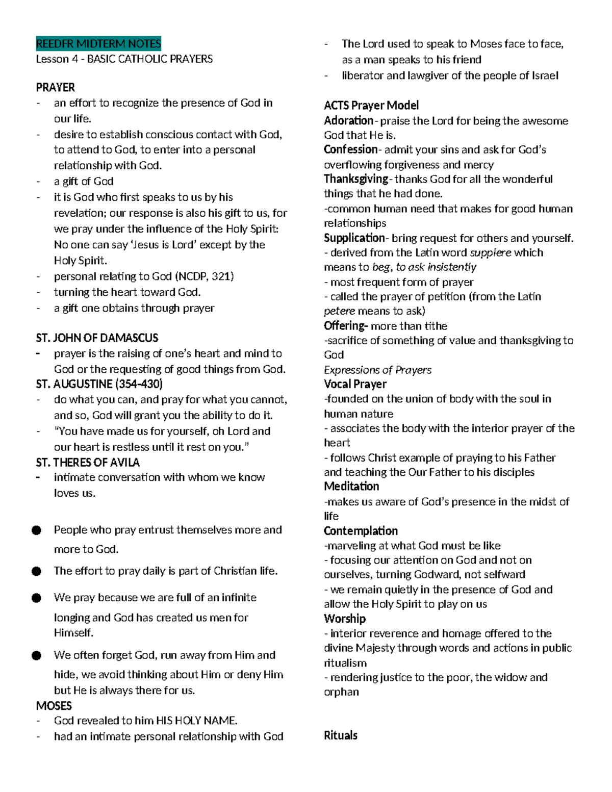 REEDFR MIDTERM NOTES: Lesson 4 on Basic Catholic Prayers - Studocu