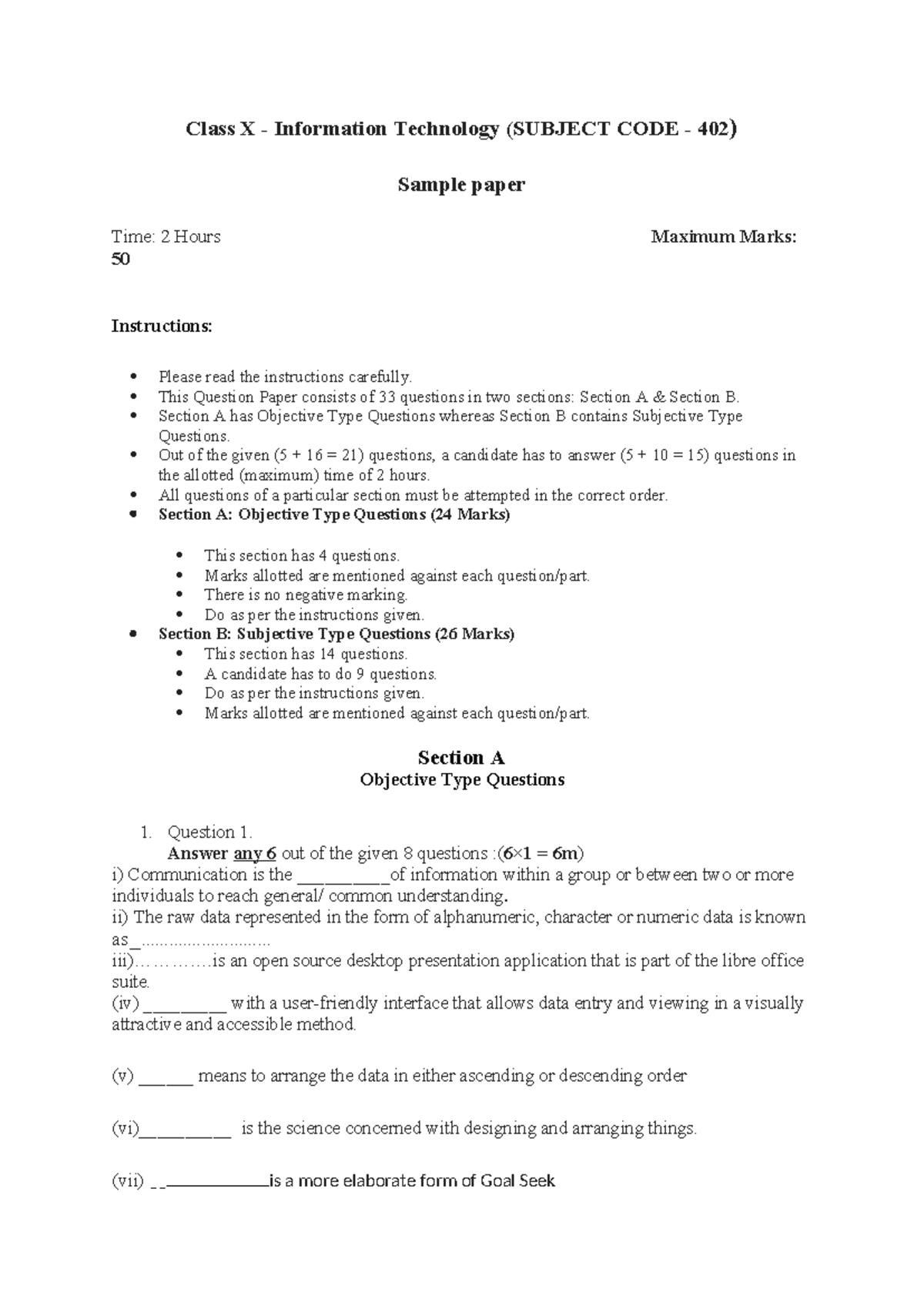 Class X IT (402) Sample Paper: Objective & Subjective Questions - Studocu