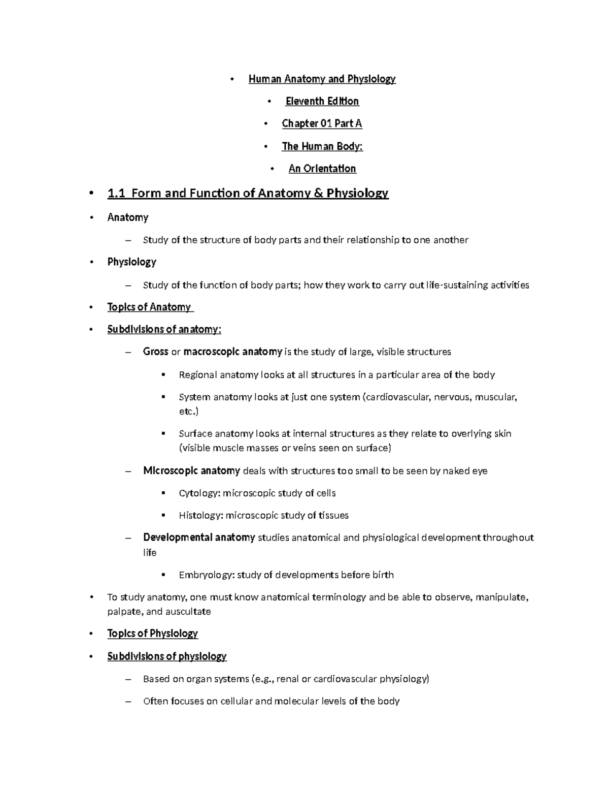 Human Anatomy & Physiology (BIO101) Chapter 1: The Human Body ...