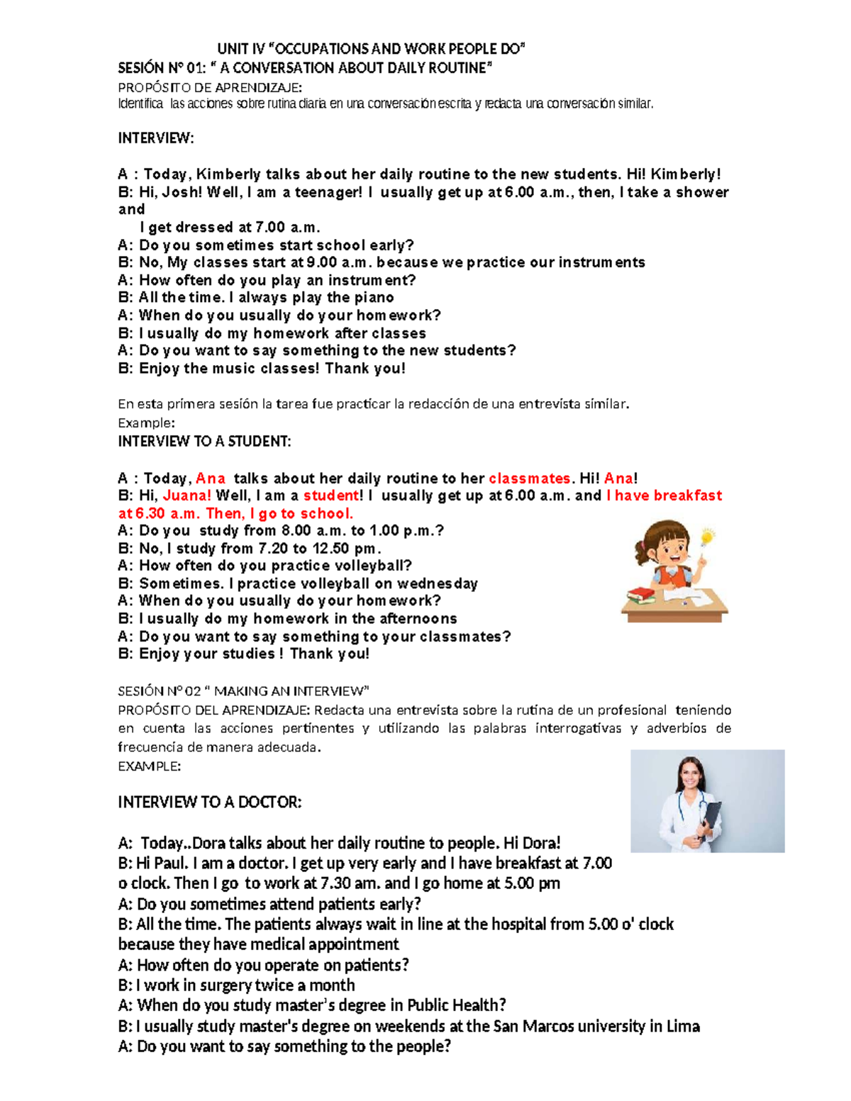 UNIT IV - Third Grade - Daily Routines Interview Practice - Studocu