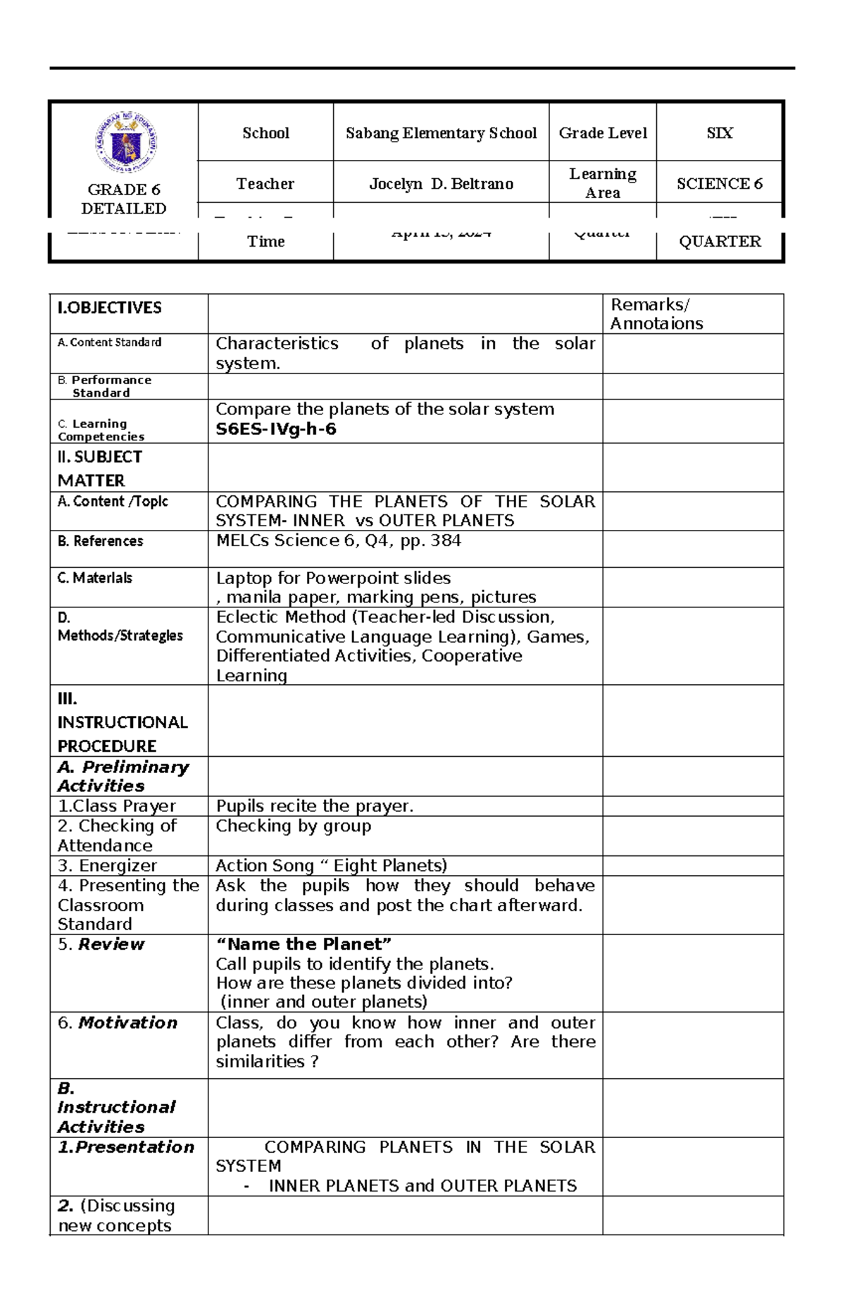 ENG6SCI -Grade 6 Lesson Plan: Comparing Inner and Outer Planets - Studocu