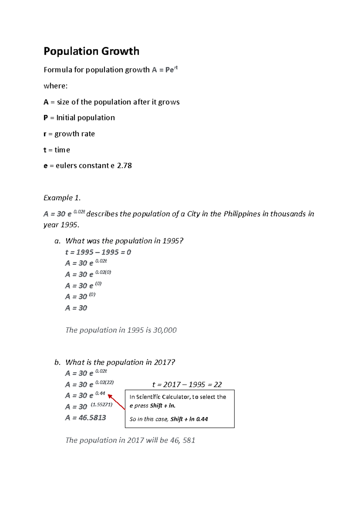Population Growth Formula - A 30 e 0 describes the population of a City ...
