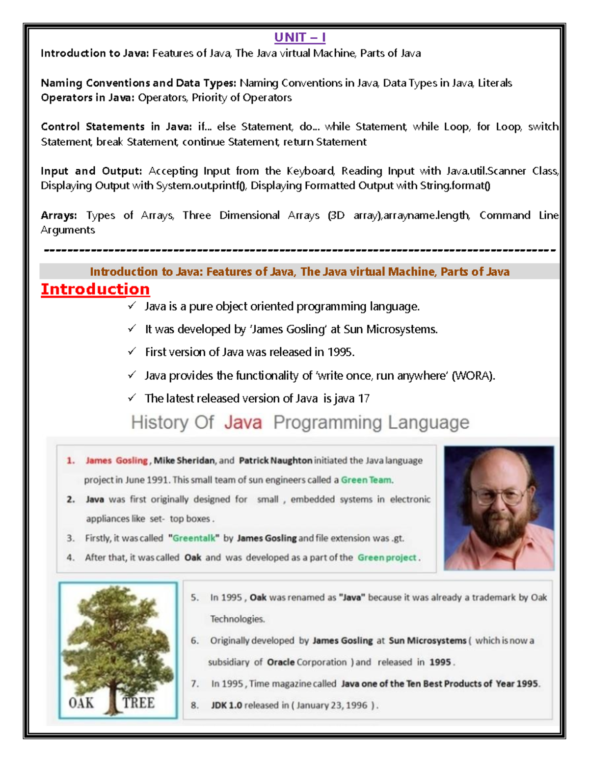 Java UNIT I: Introduction to Java, Features, Data Types, and Control Statements - Studocu