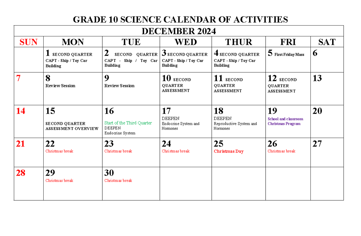 GRADE 10 SCIENCE CALENDAR OF ACTIVITIES DEC 2024 - APR 2025 - Studocu