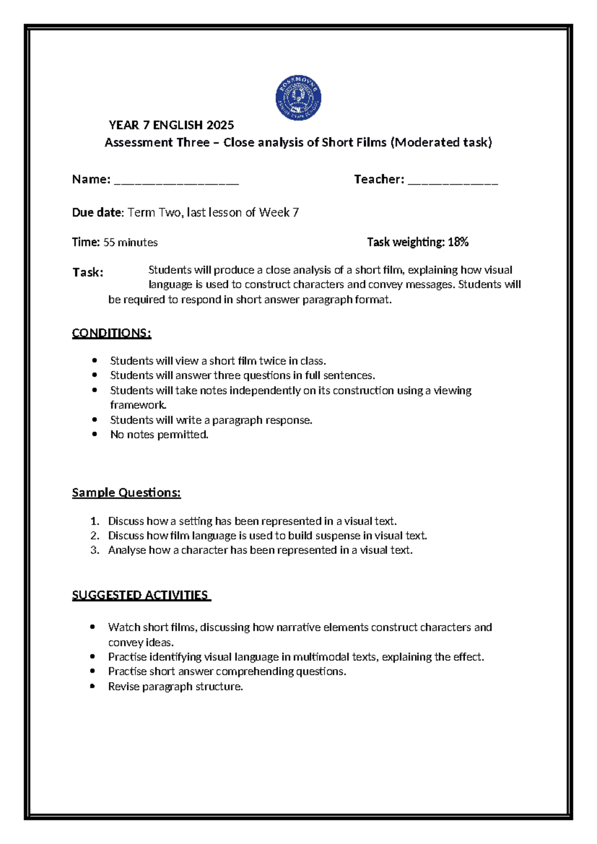 Year 7 English 2025: Close Analysis of Short Films Assessment Task ...