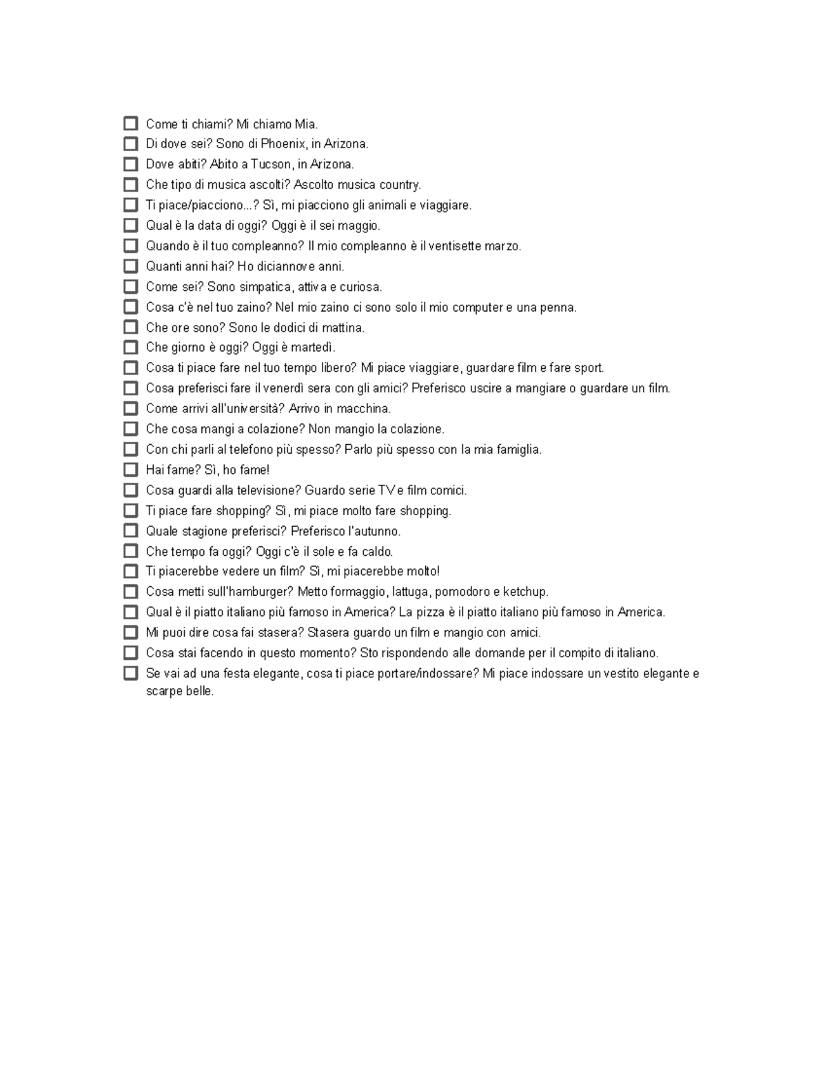Italian Assignment: Conversational Practice and Personal Preferences ...