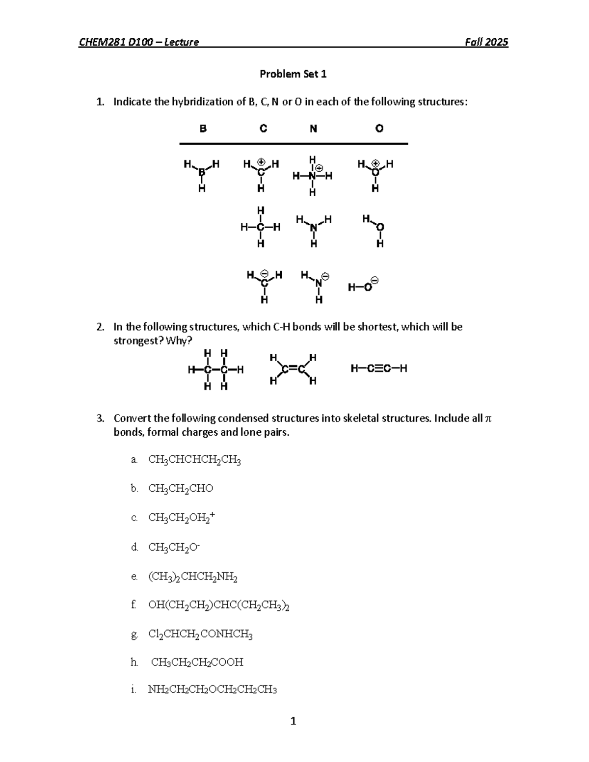 CHEM281 D100 Fall 2025 Lecture Problem Set 1: Hybridization & Structures - Studocu