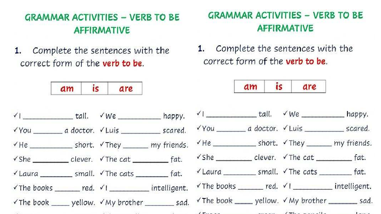 Grammar Activities: Verb to Be - Affirmative Exercises - Studocu