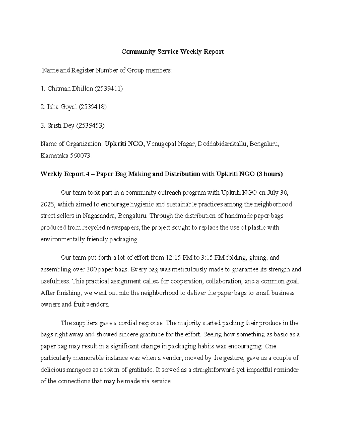 Community Service Report 4: Paper Bag Project with Upkriti NGO - Studocu