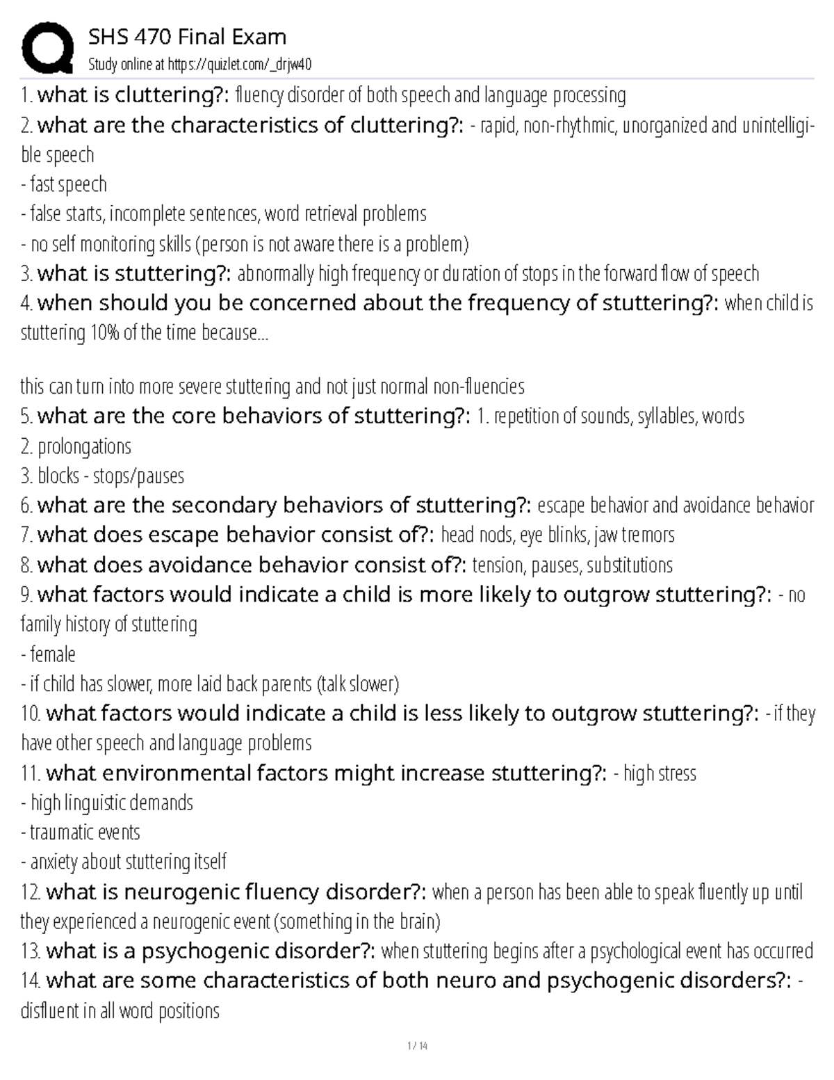 SHS 470 Final Exam Study Guide: Fluency and Speech Disorders - Studocu
