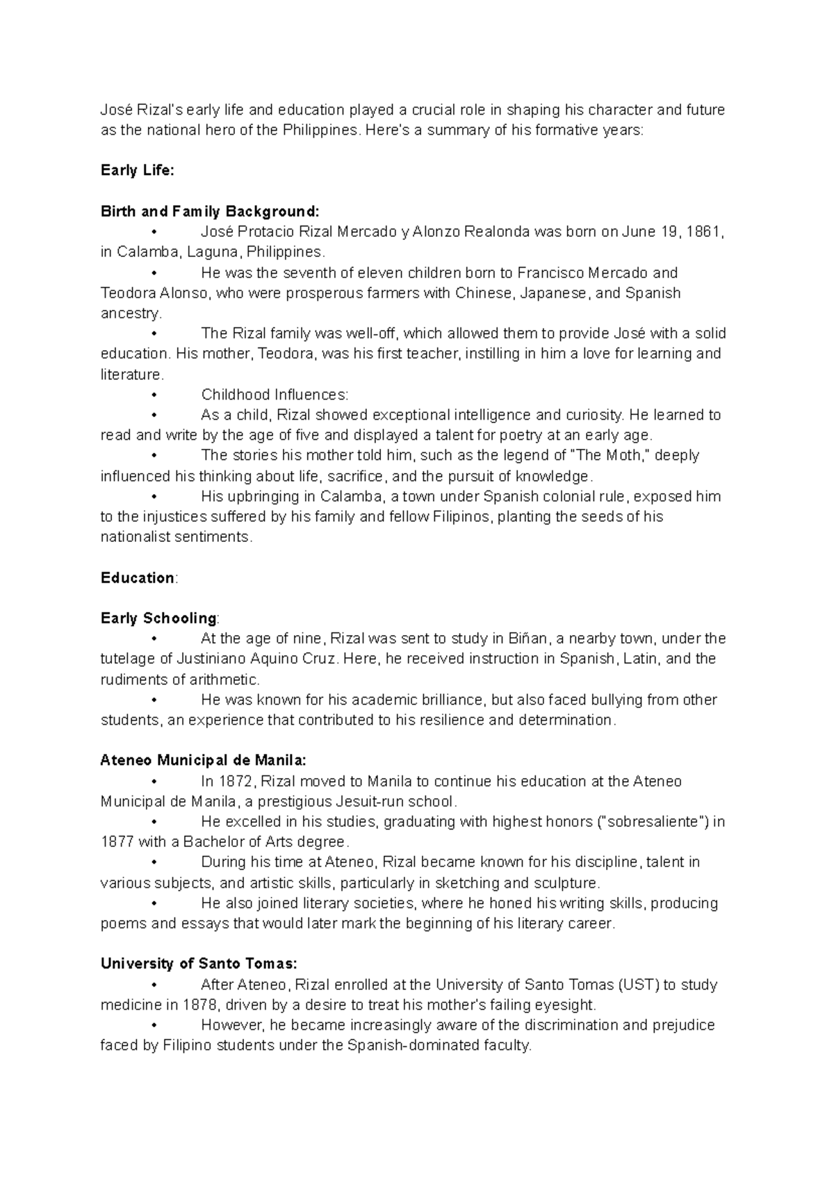 Rizal's Early Life and Education: Foundations of a National Hero - Studocu